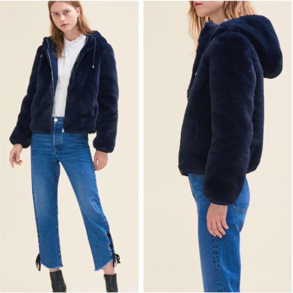 Maje Blue - Navy Faux Fur Hooded Bomber Style Jacket … - Gem